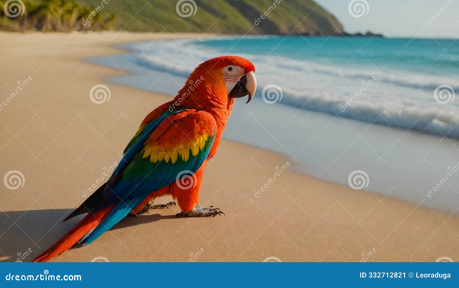 A Colorful Parrot Standing on a Sandy Beach Next To the Ocean Stock ...
