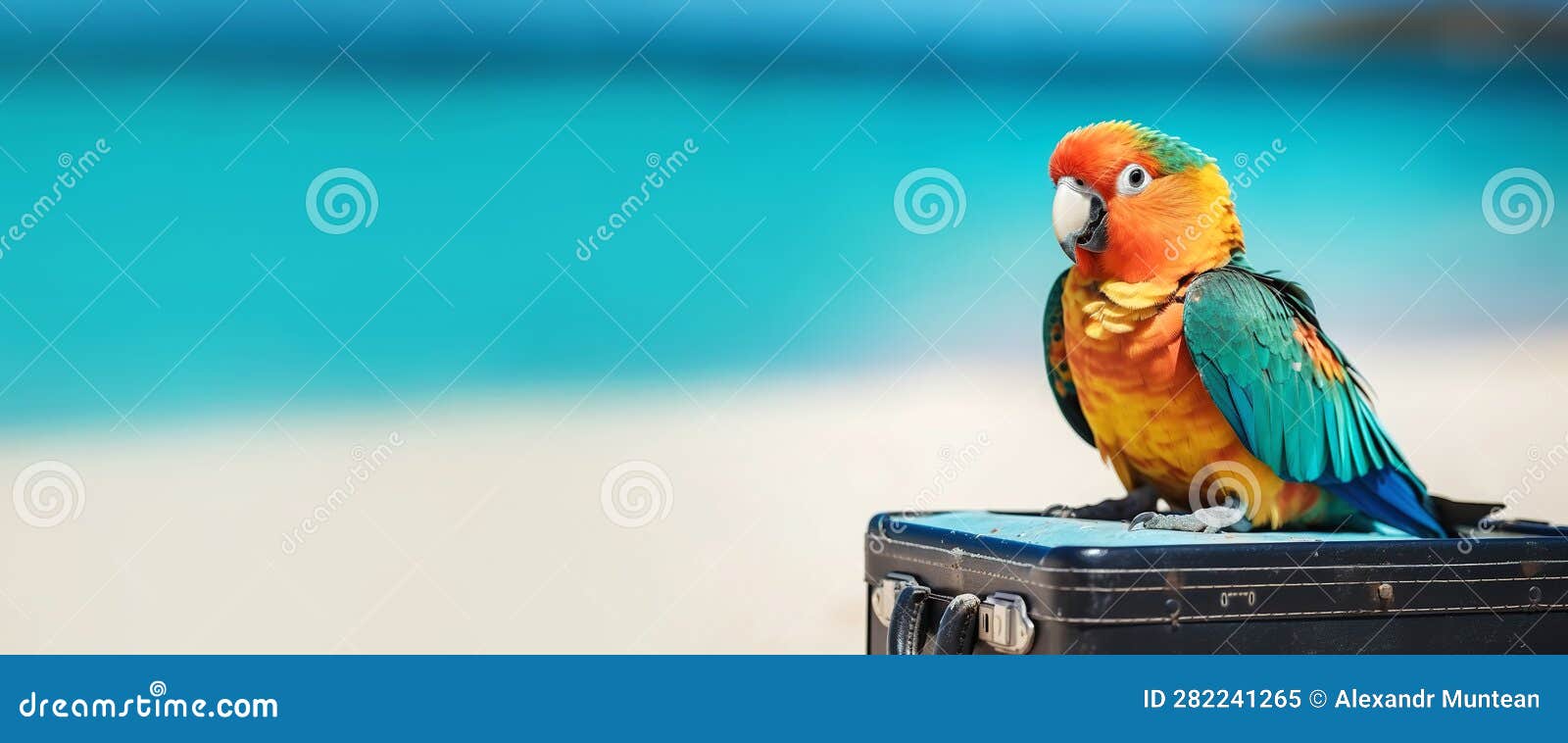 Colorful Parrot on Suitcase, Vacation Concept, Panoramic Layout. Stock ...