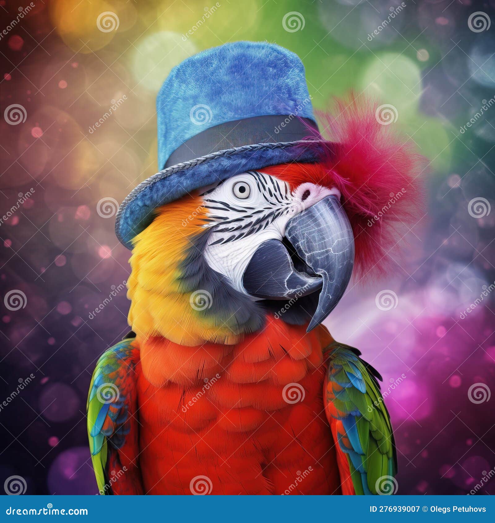 A Colorful Parrot Wearing a Blue Hat with a Feather on it S Head and a ...