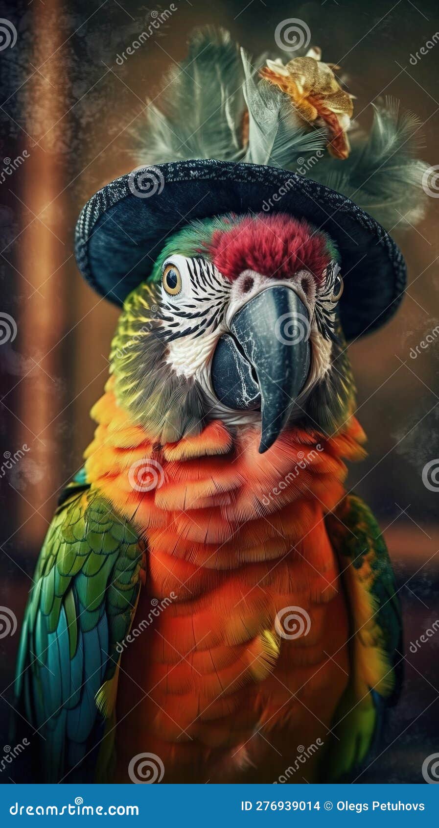 A Colorful Parrot Wearing a Hat with Feathers on it S Head and a ...