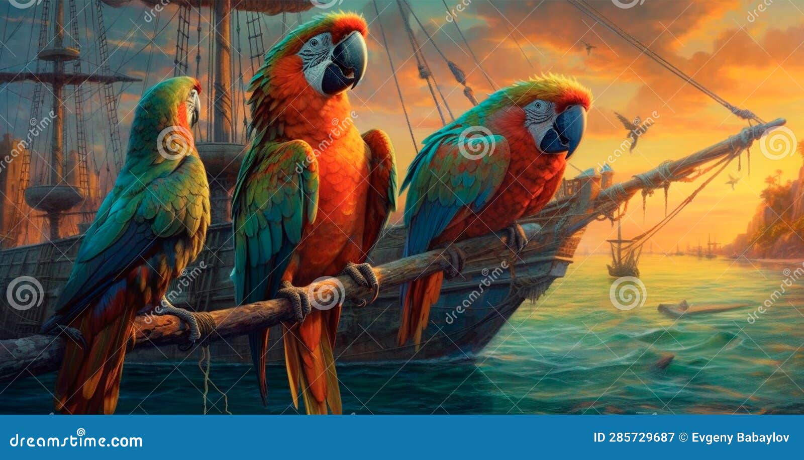 Colorful Parrots in Tropical Background, Pirate Ship - AI Generated ...
