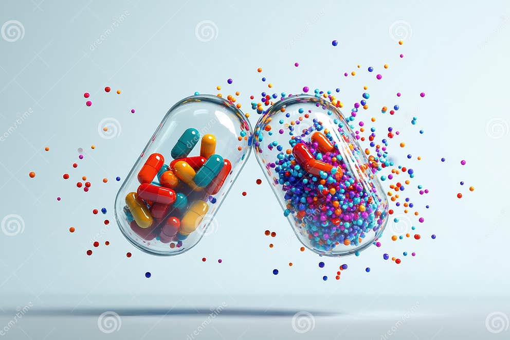 Split Capsule Spilling Colorful Particles in Mid Air with a Clean ...