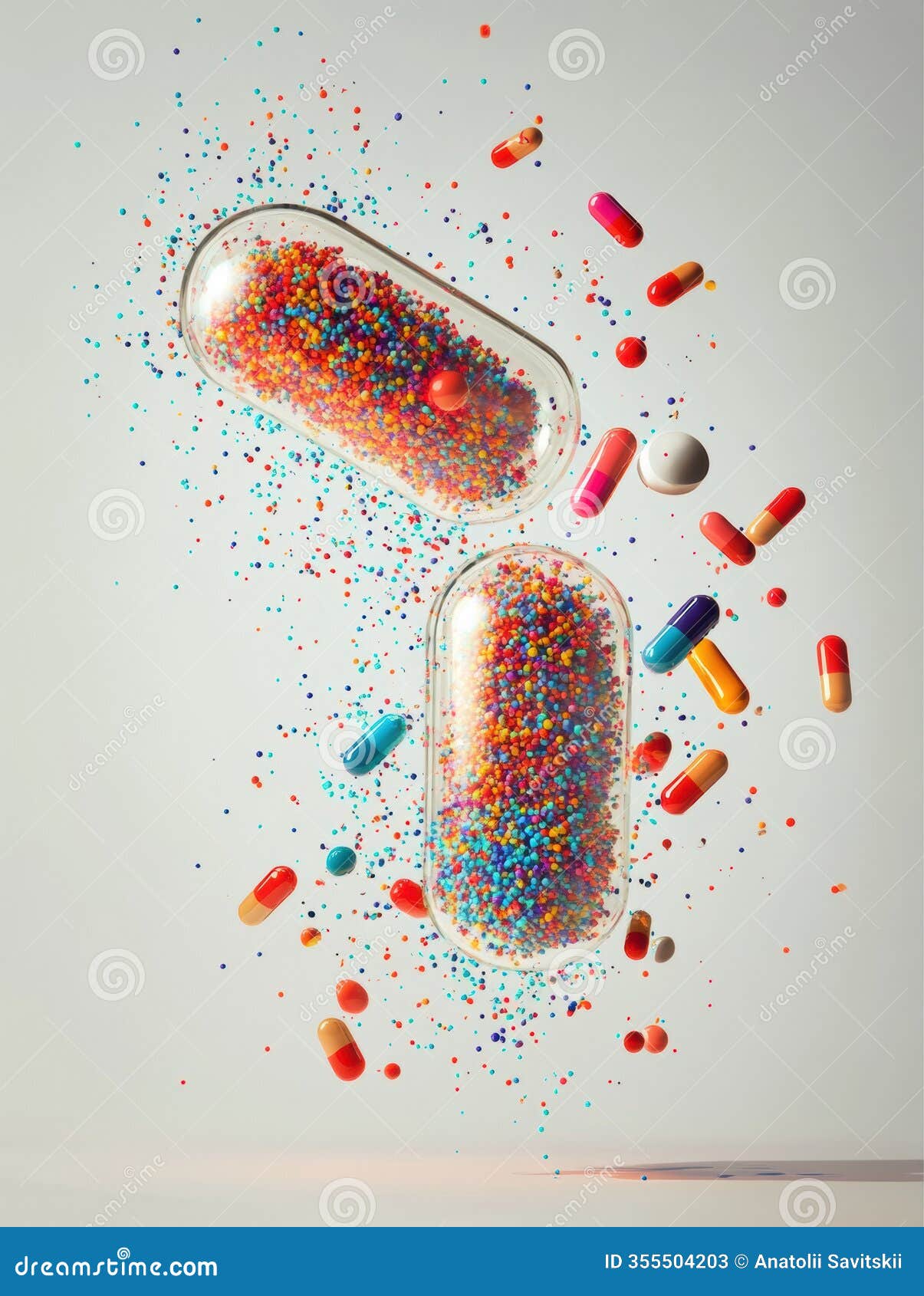 Colorful Particles Bursting from a Split Capsule in a Creative ...