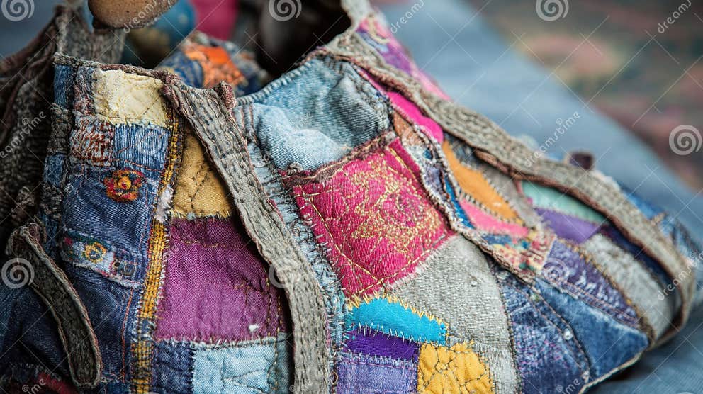 Colorful Patchwork Denim Jacket on Textured Backdrop Stock Image ...
