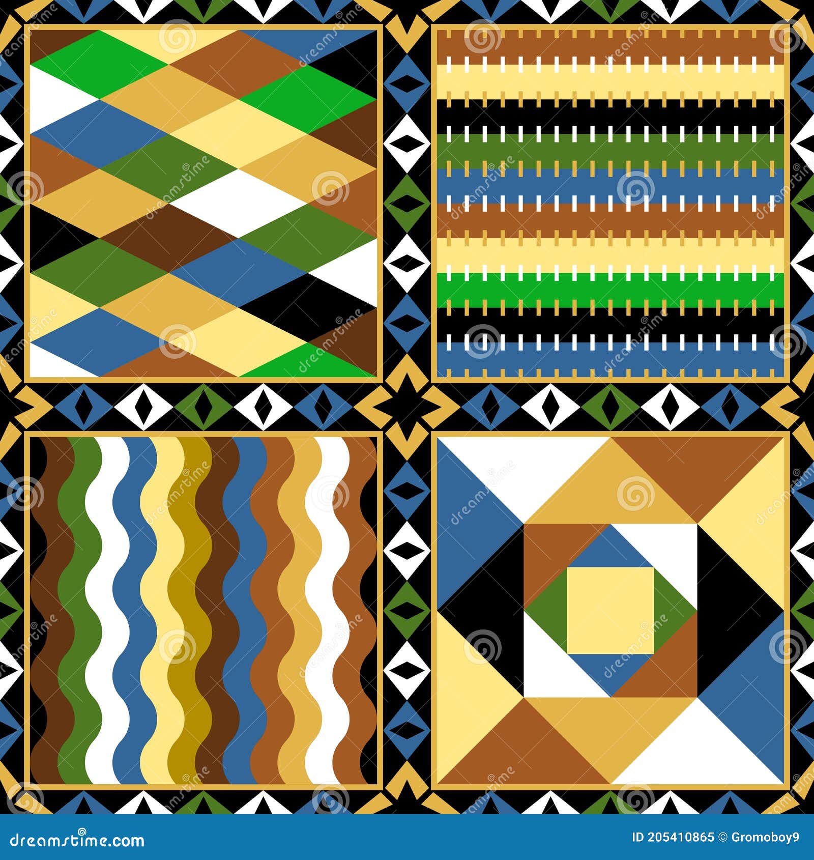 Colorful Patchwork of Four Squares with Different Patterns. Vector ...