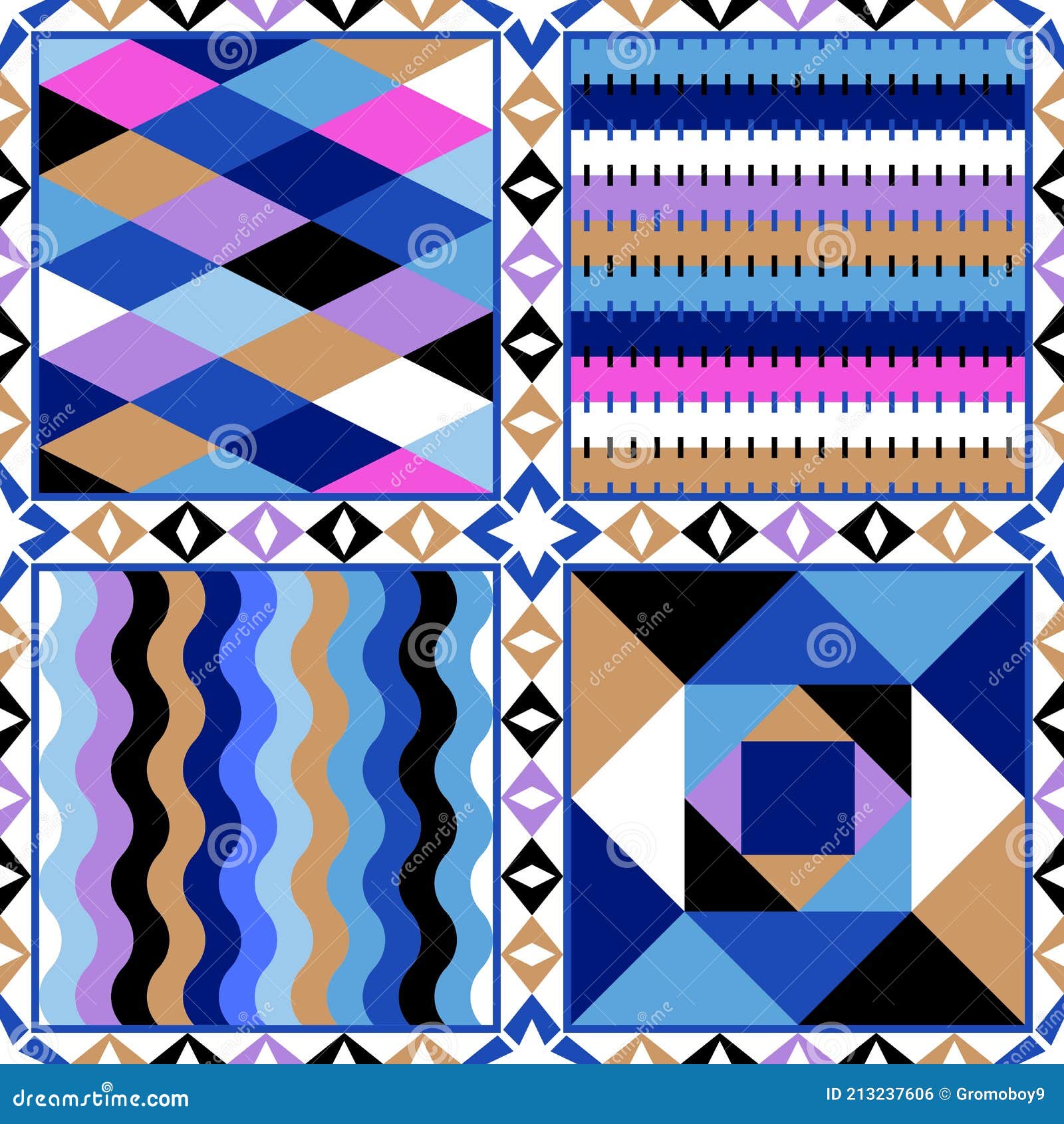 Colorful Patchwork of Four Squares with Different Patterns. Vector ...