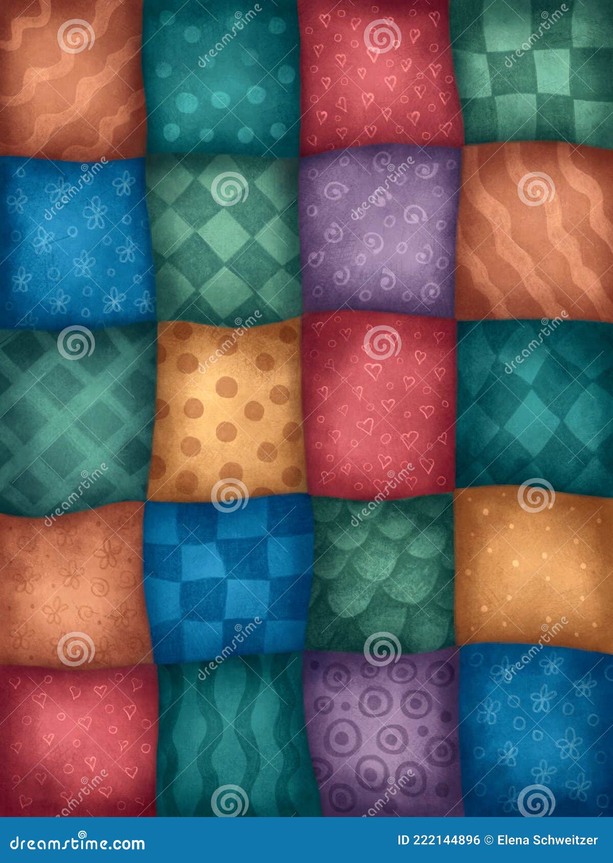 A Colorful Patchwork Quilt With Various Patterns And Textures, Stock ...