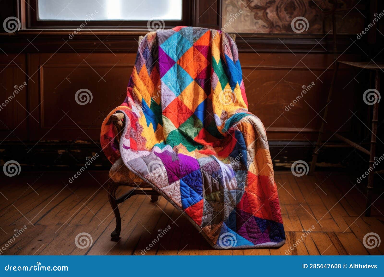 Colorful Patchwork Quilt Draped Over a Chair Stock Illustration ...