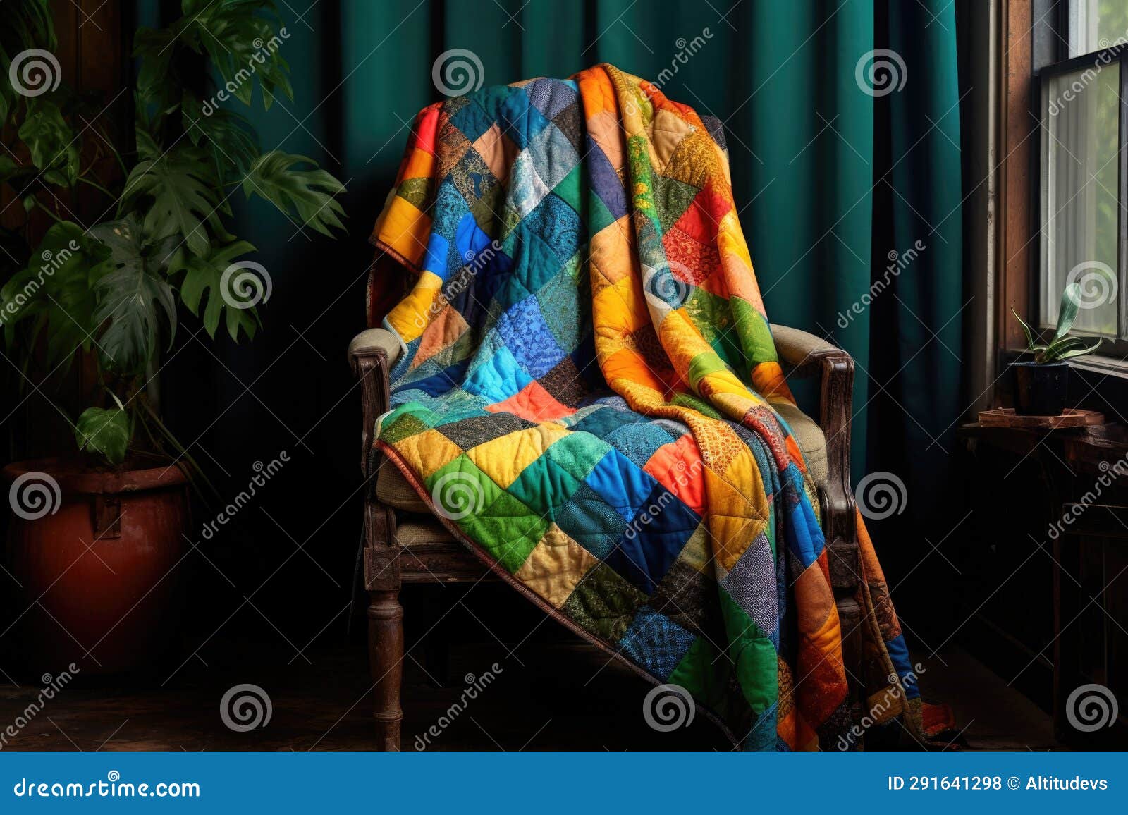 Colorful Patchwork Quilt Draped Over a Chair Stock Photo - Image of ...