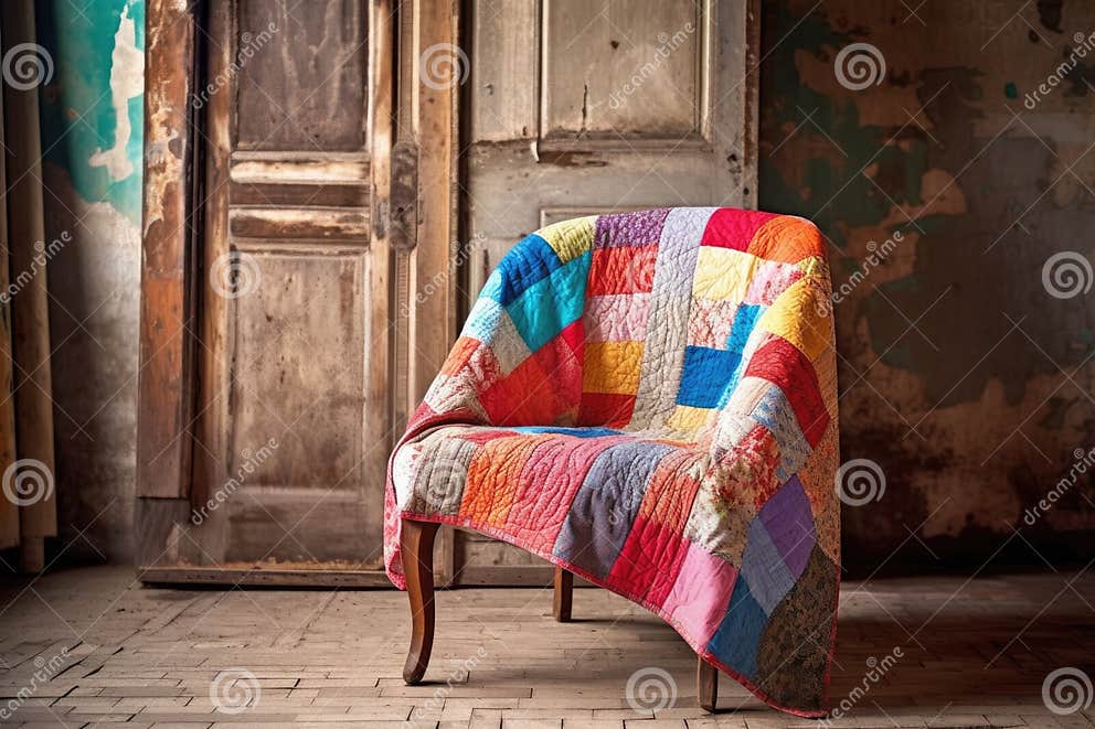 Colorful Patchwork Quilt Draped Over a Rustic Chair Stock Photo - Image ...