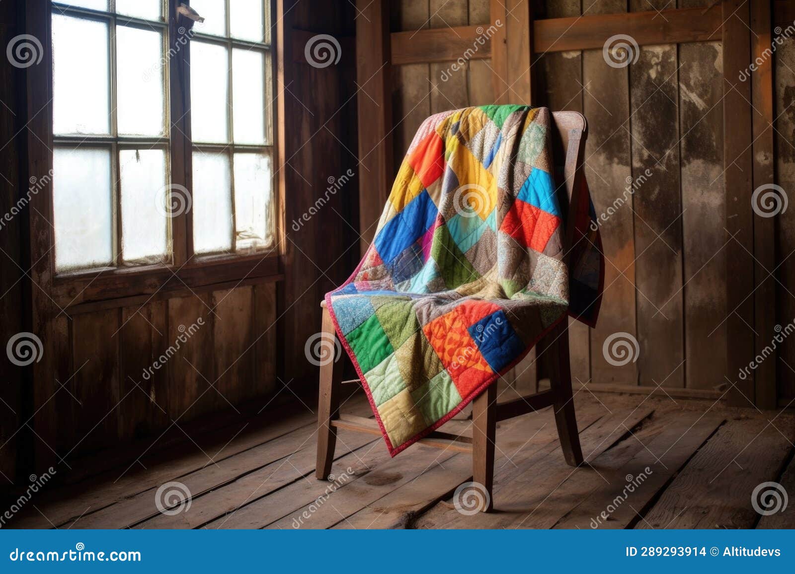 Colorful Patchwork Quilt Draped Over a Rustic Wooden Chair Stock Photo ...