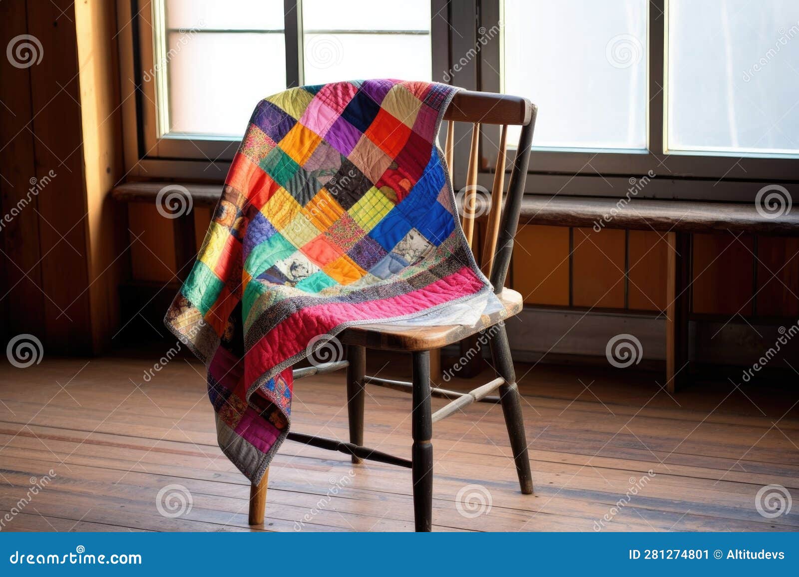 Colorful Patchwork Quilt Draped Over a Wooden Chair Stock Illustration ...