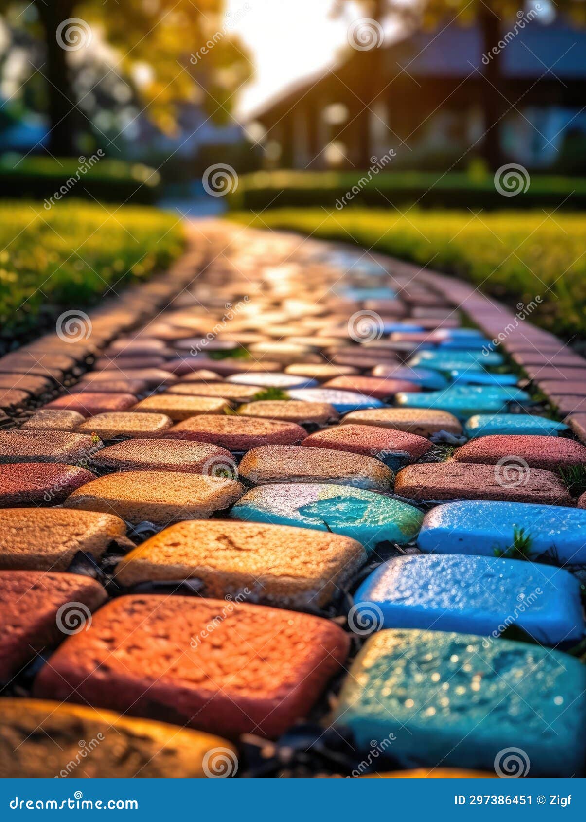 Colorful Path Made of Bricks in the Middle of a Grassy Field Stock ...