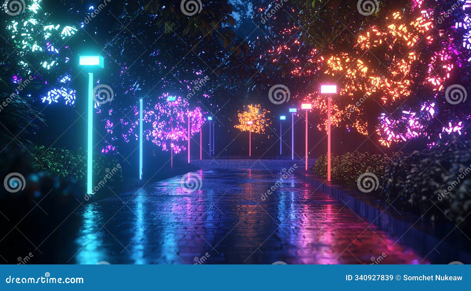 Colorful Pathway Illuminated by Vibrant Neon Lights at Night Stock ...