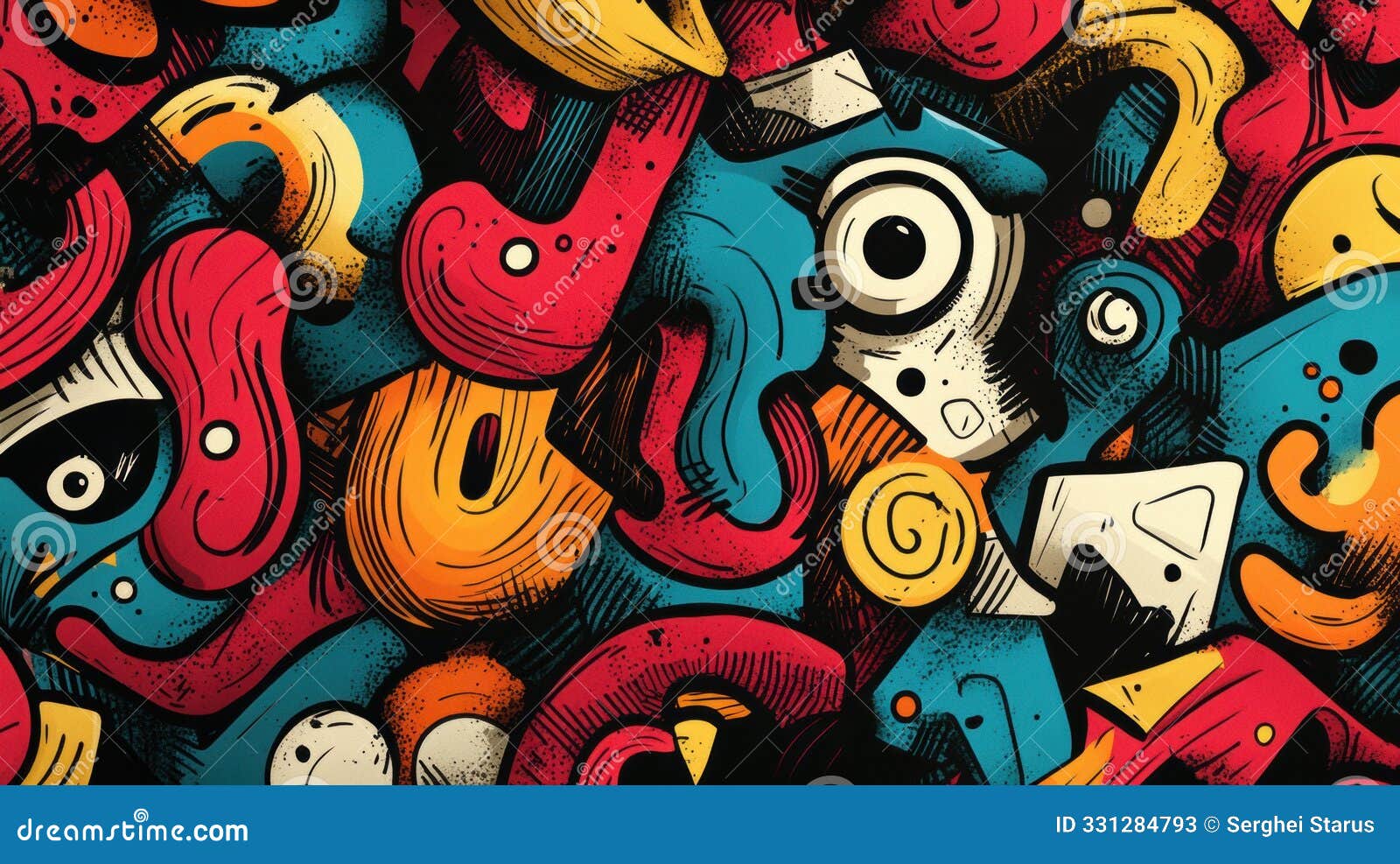 A Colorful Pattern of Cartoon Characters and Objects on a Background ...