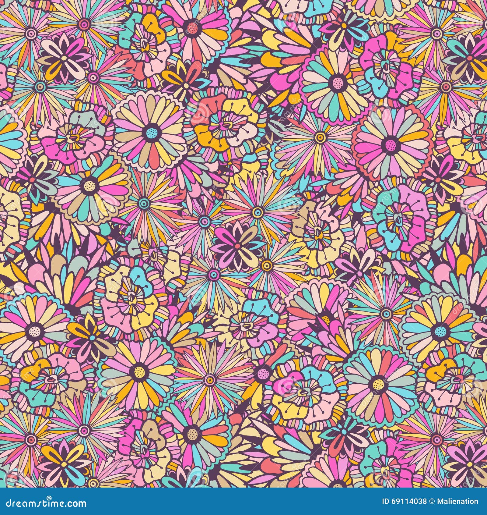Colorful Pattern with Doodle Flowers. Vector Unique Illustration Stock ...