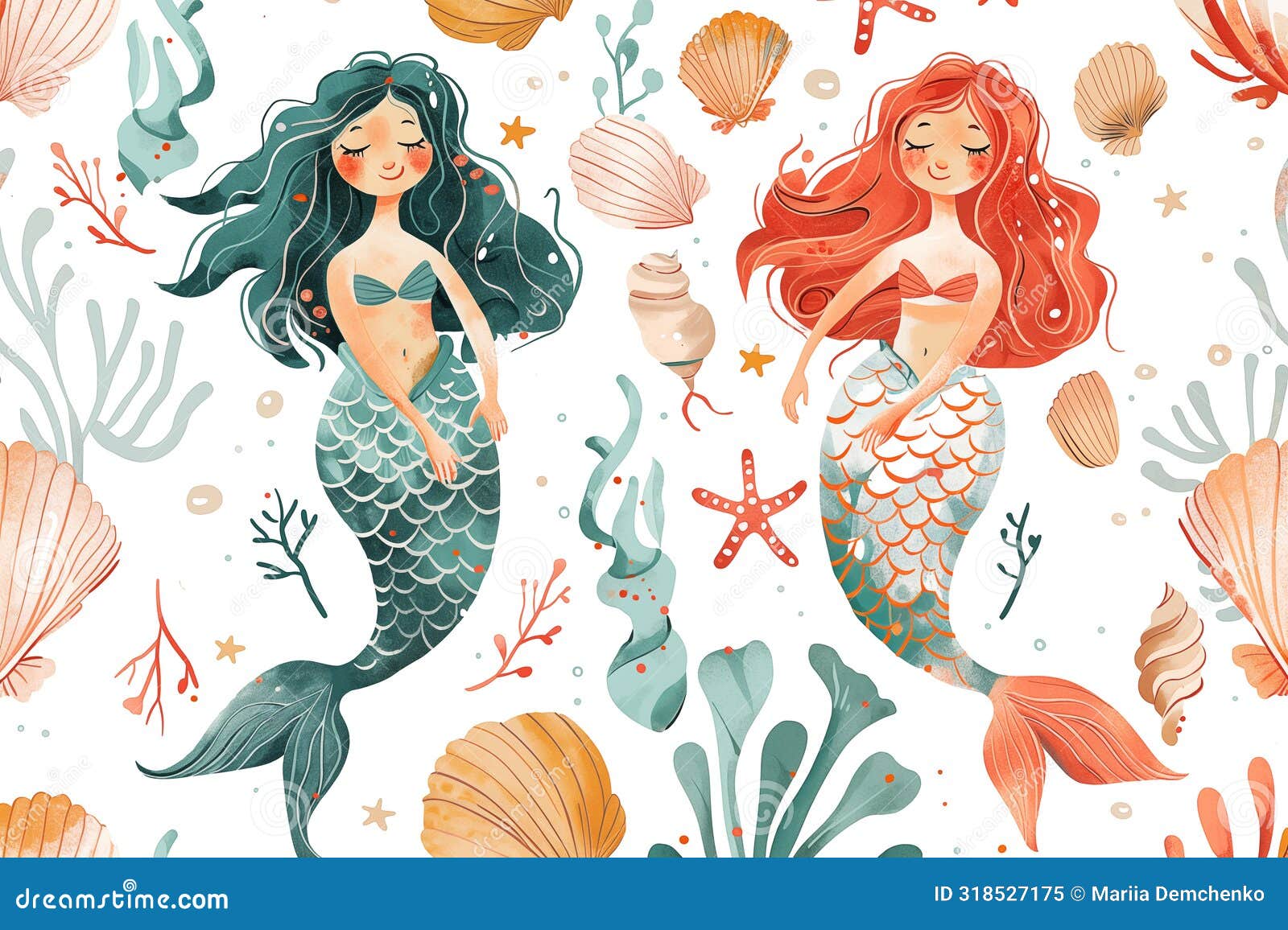 Colorful Pattern with Mermaids and Aquatic Elements on White Background ...