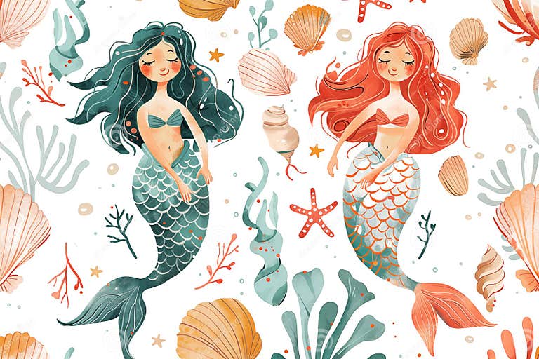 Colorful Pattern with Mermaids and Aquatic Elements on White Background ...