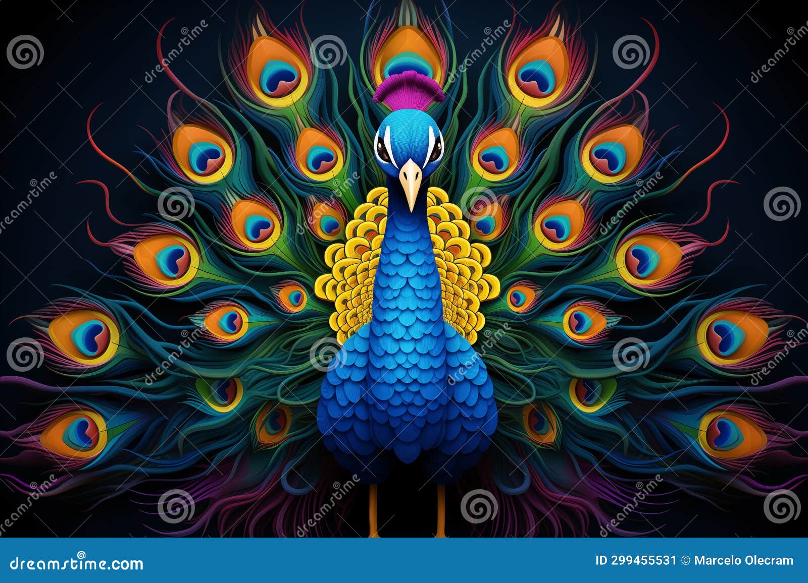 A Colorful Peacock Illustration Facing Forward with Tail Feathers that ...