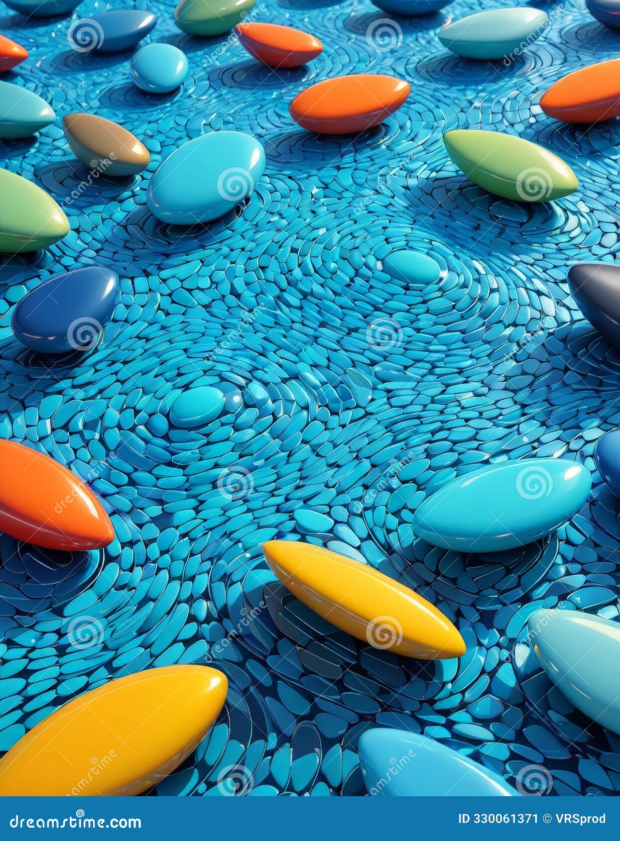 Colorful Pebbles in a Swirling Blue Water Pattern Stock Image - Image ...