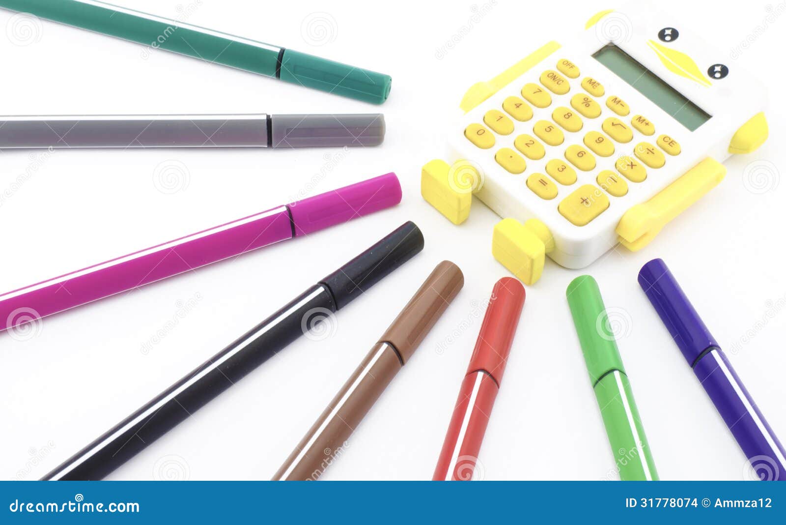 Colorful Pen with Calculator Isolated on White Stock Photo - Image of ...