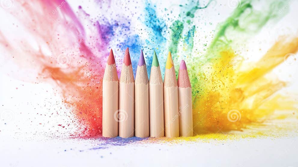 Colorful Pencils with Vibrant Powder Explosion Stock Image - Image of ...