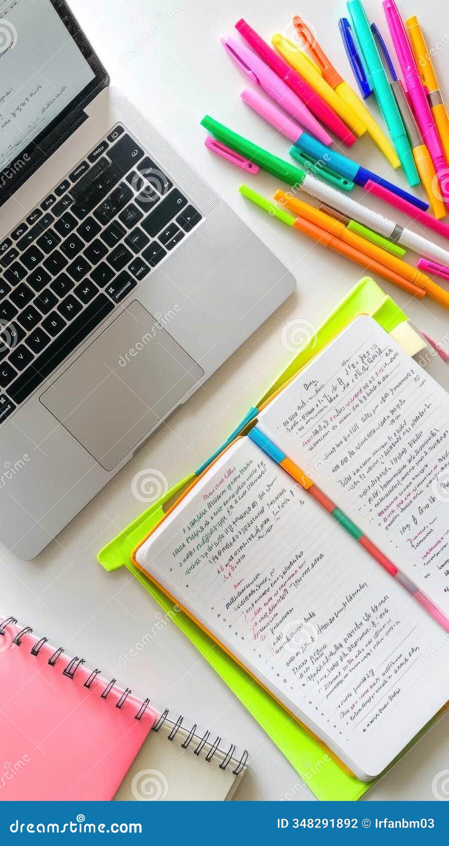 Colorful Pens and Notes on a White Desk Stock Photo - Image of process ...