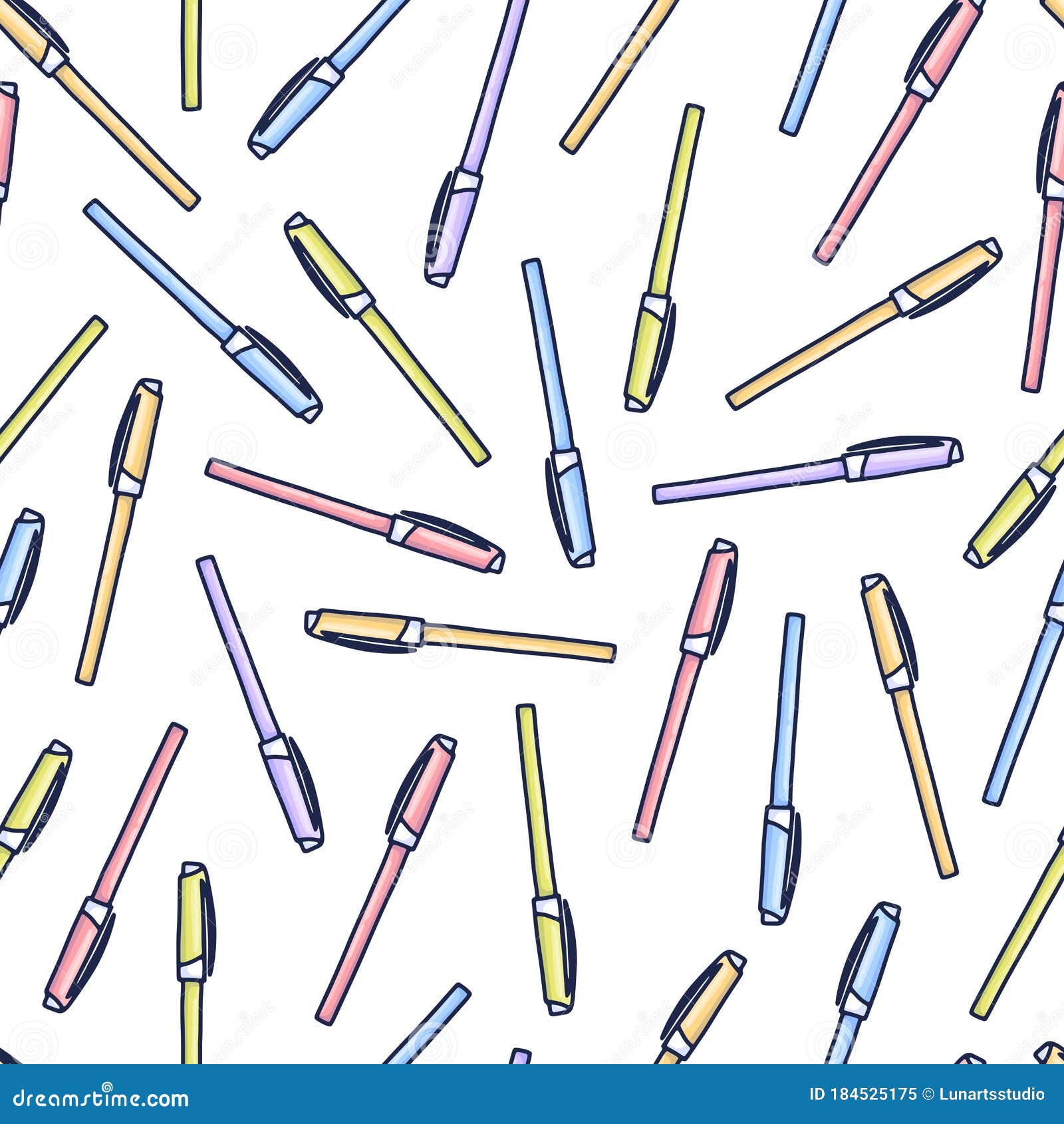 Colorful Pens Pattern In Cartoon Style. Seamless Texture With Pens ...