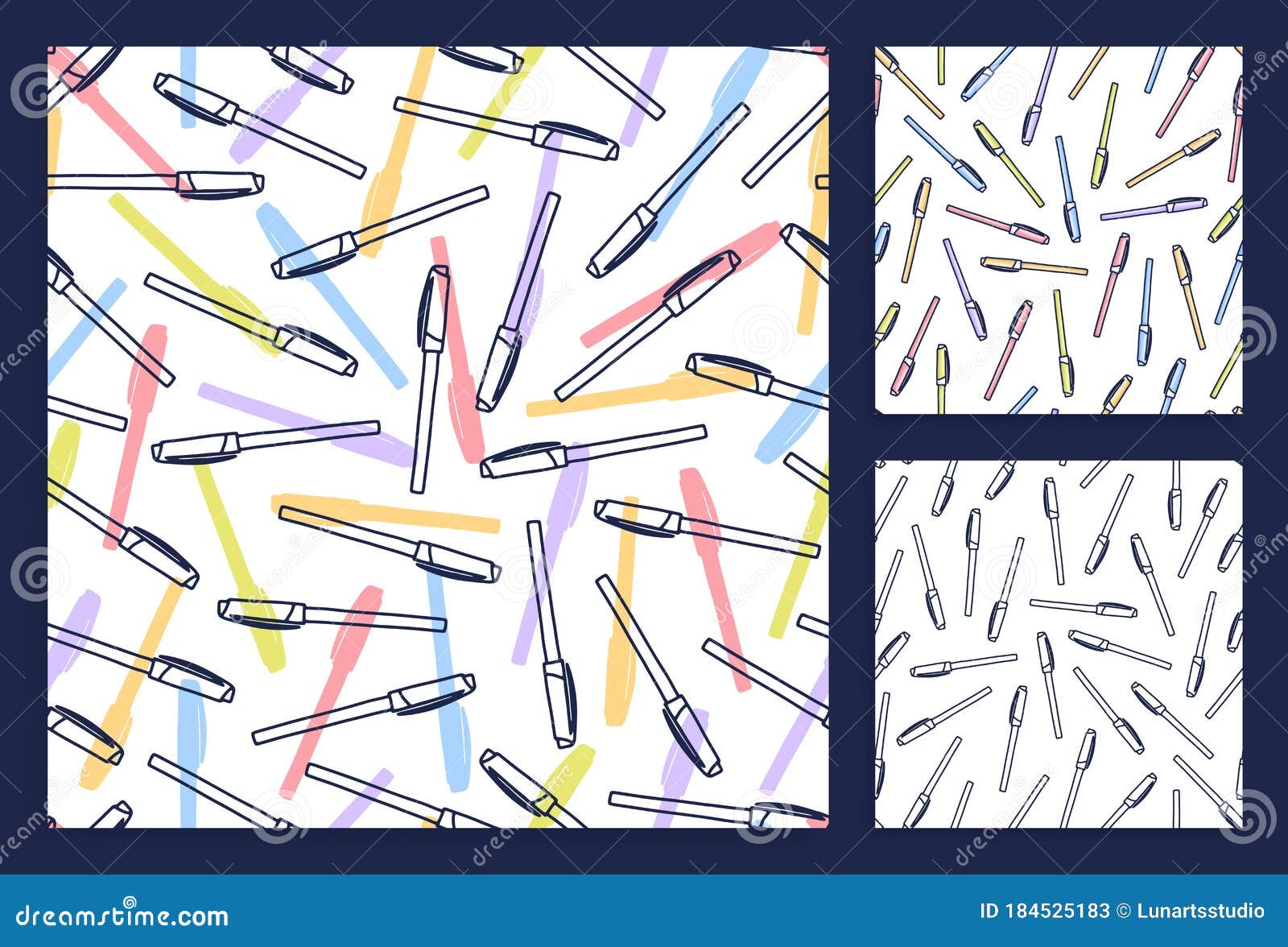 Colorful Pens Pattern Set in Cartoon Style. Seamless Texture with Pens ...