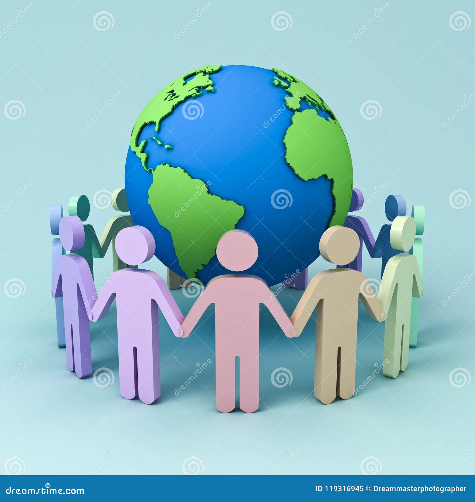 Colorful People Holding Hands Around Globe on Blue Background Stock ...