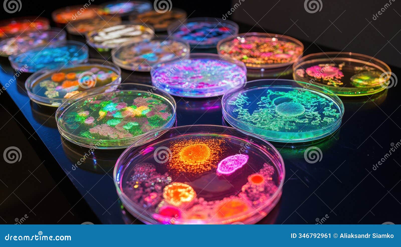 Colorful Petri Dishes With Various Bacterial Cultures, Test Tubes, And ...