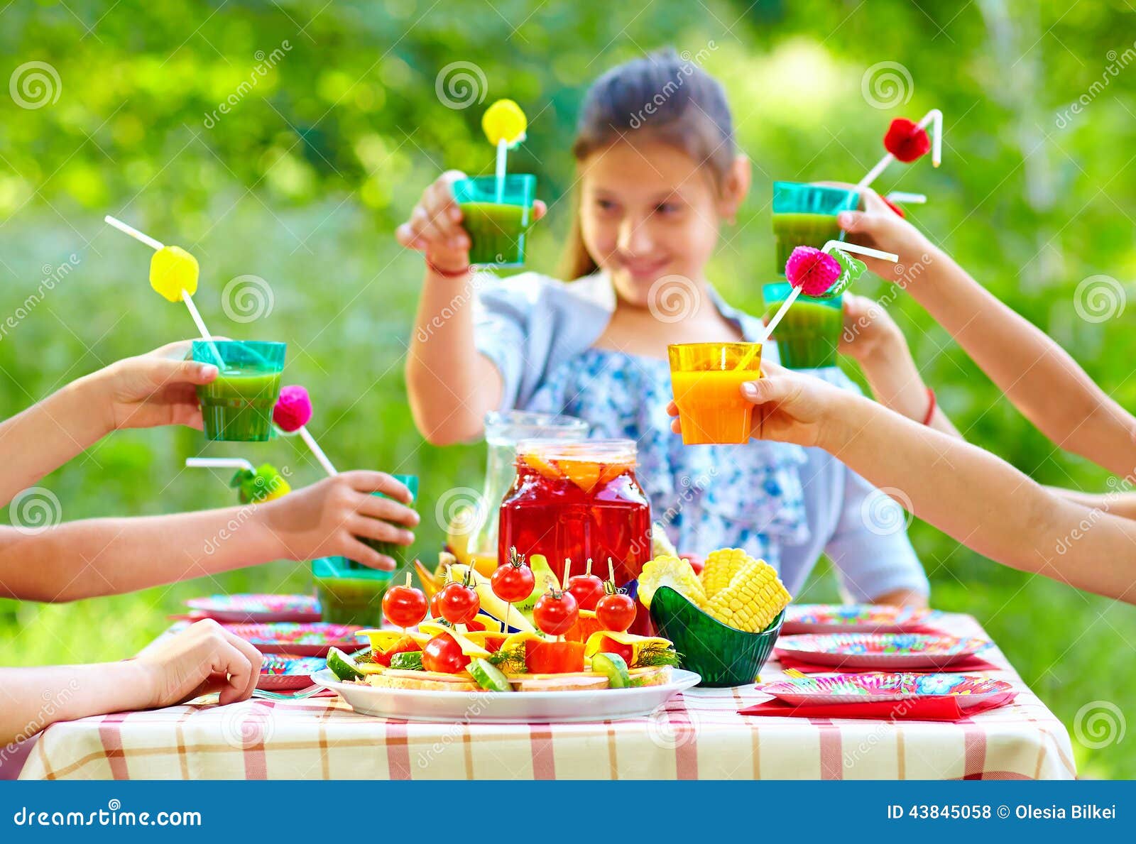 Colorful Picnic Table with Group of Kids Around Stock Photo - Image of ...