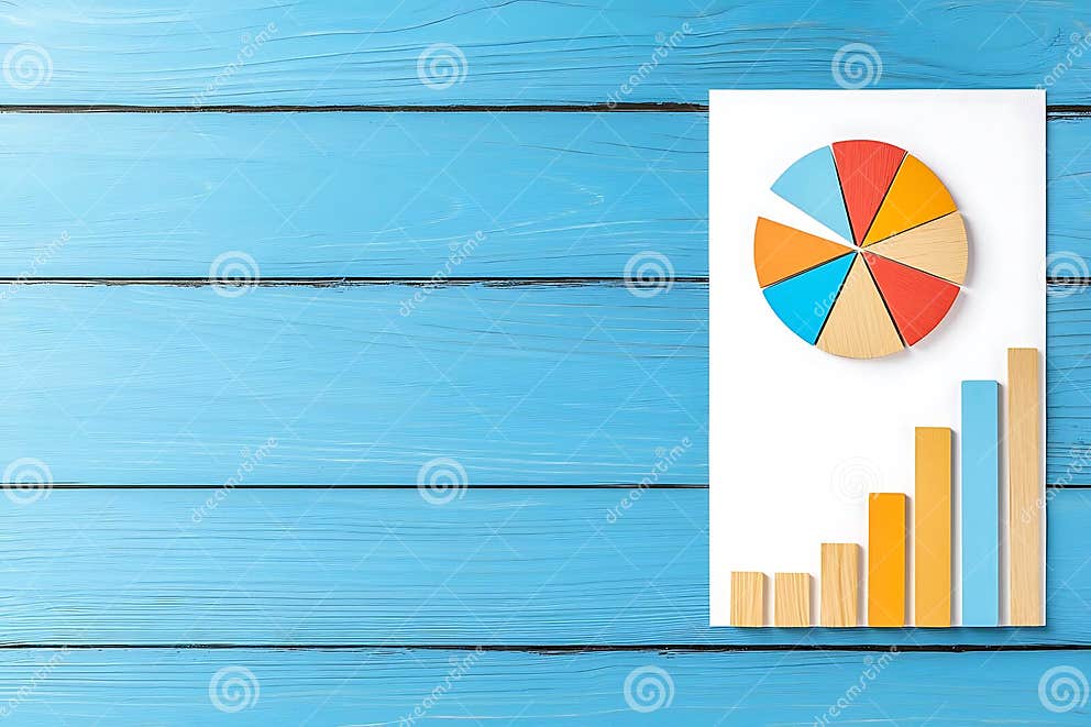 Colorful Pie Chart and Bar Graph on Blue Wooden Background ...