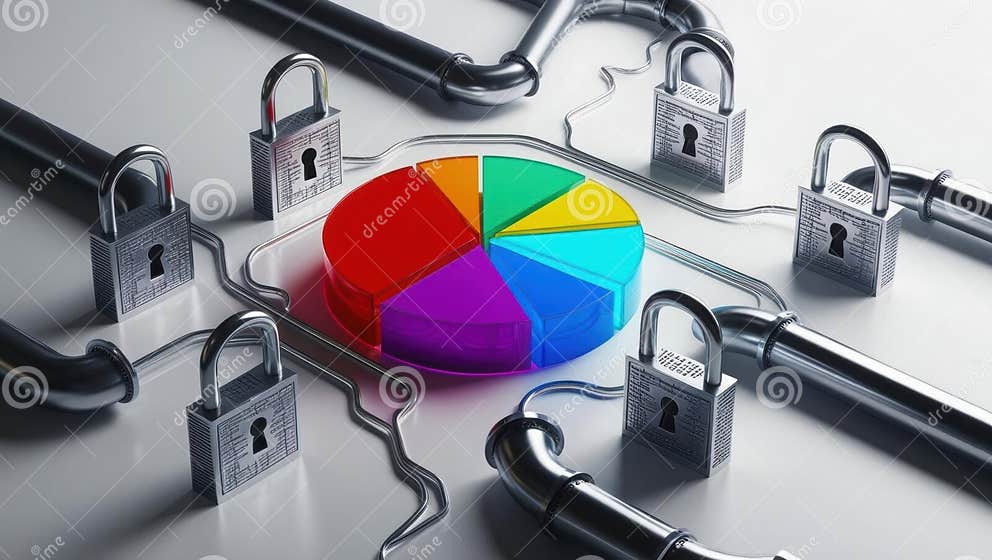 Colorful Pie Chart Surrounded by Locks and Pipes, Symbolizing Data ...