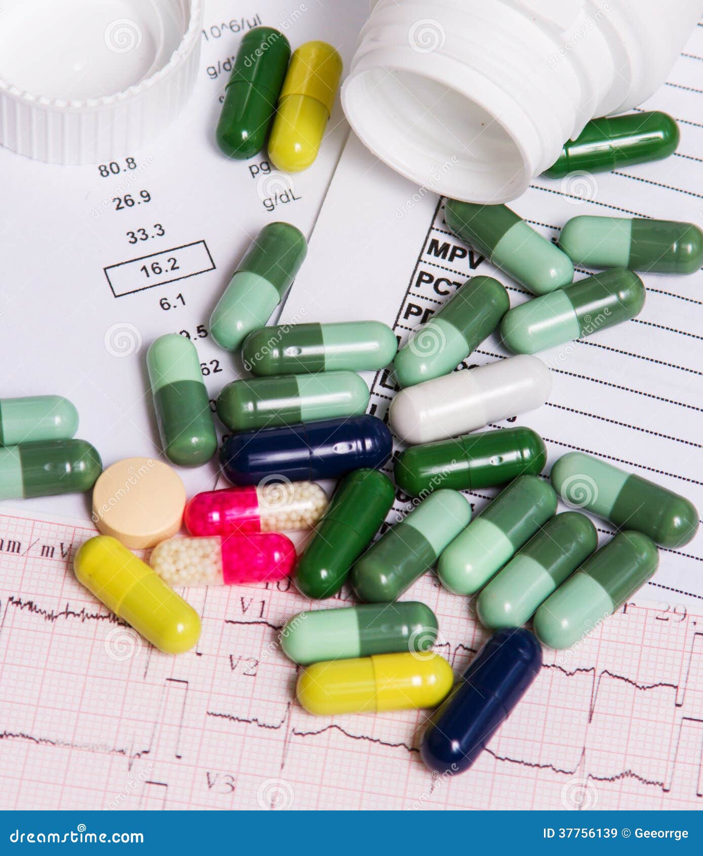 Colorful Pills and Capsules with Analysis Background Stock Image ...