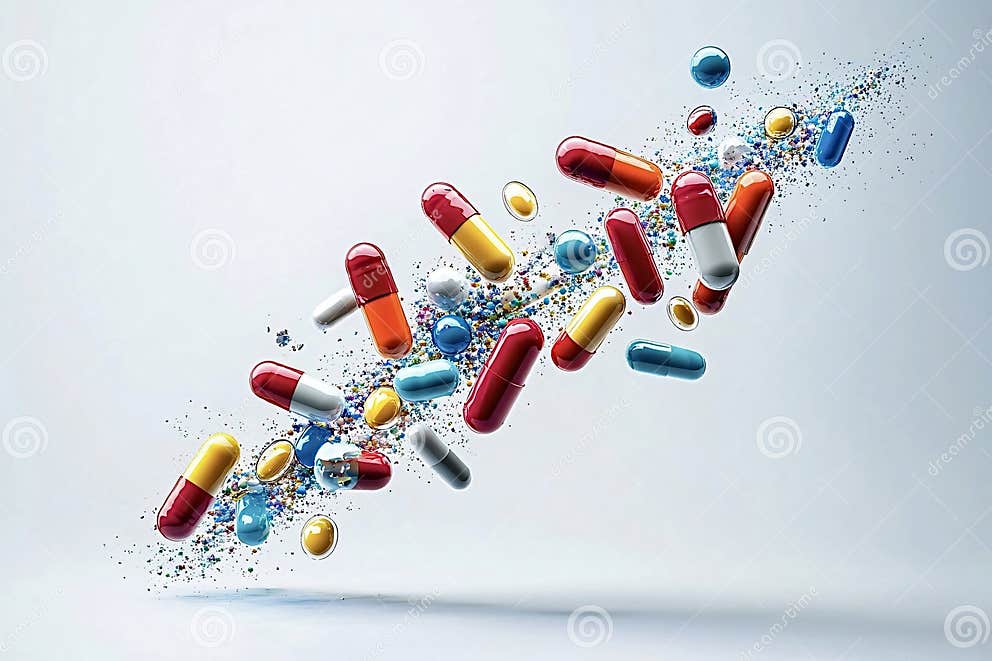 Colorful Pills and Capsules Flying and Exploding on White Background ...