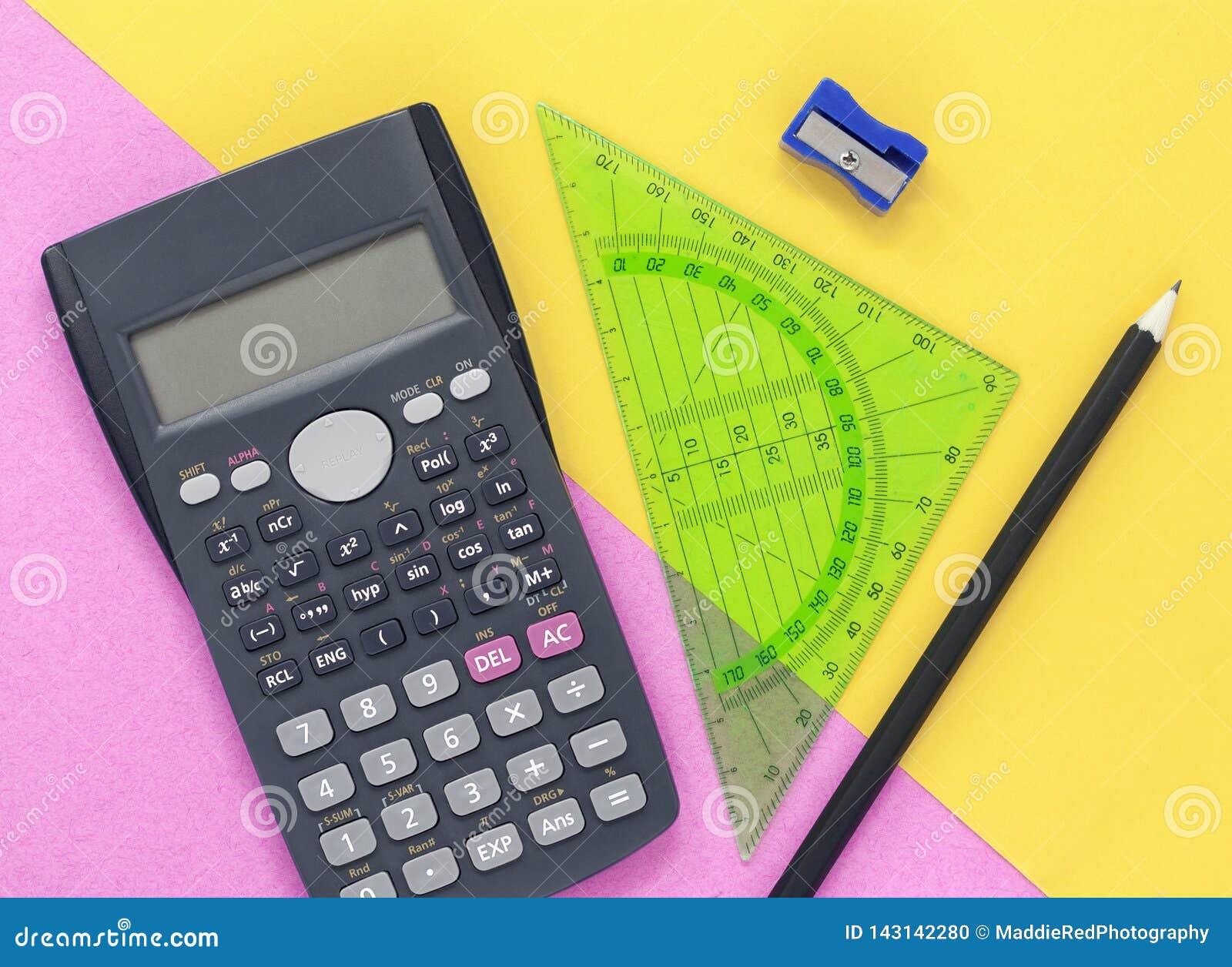 Colourful Pink and Yellow Desk Flat Lay with Calculator Stock Photo ...