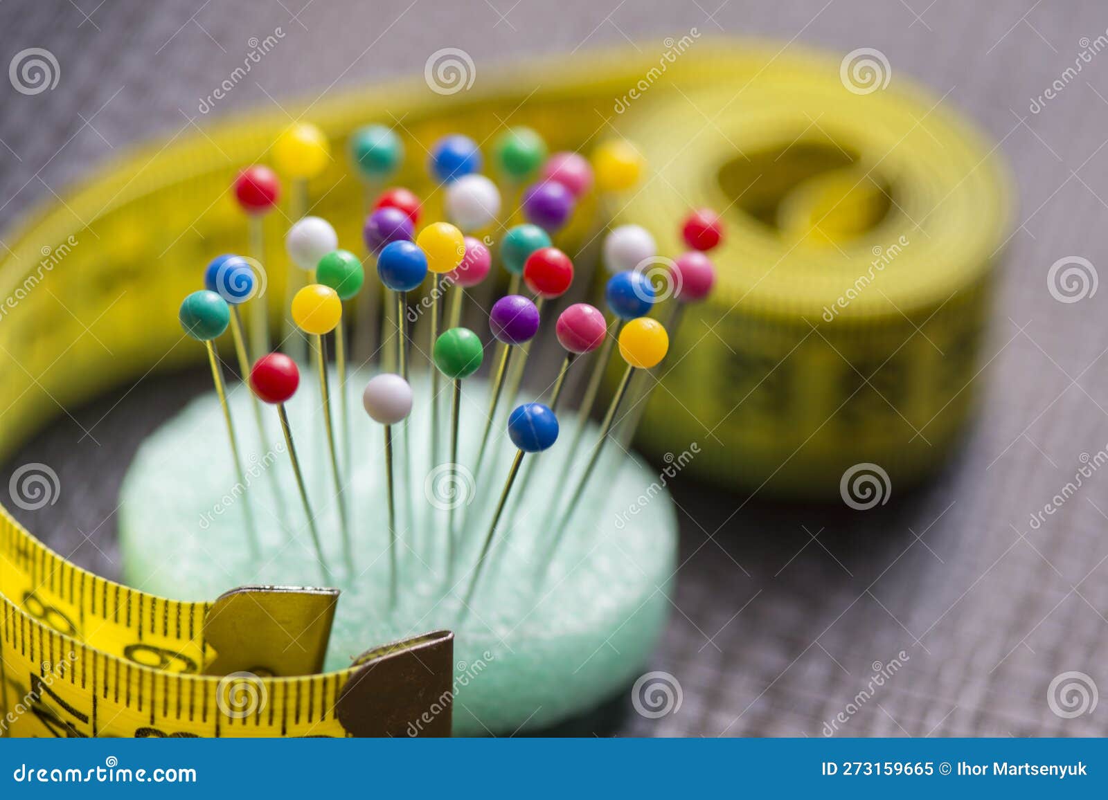 Colorful Pins and Measuring Tape on Worktable. Garment Sewing Stock ...