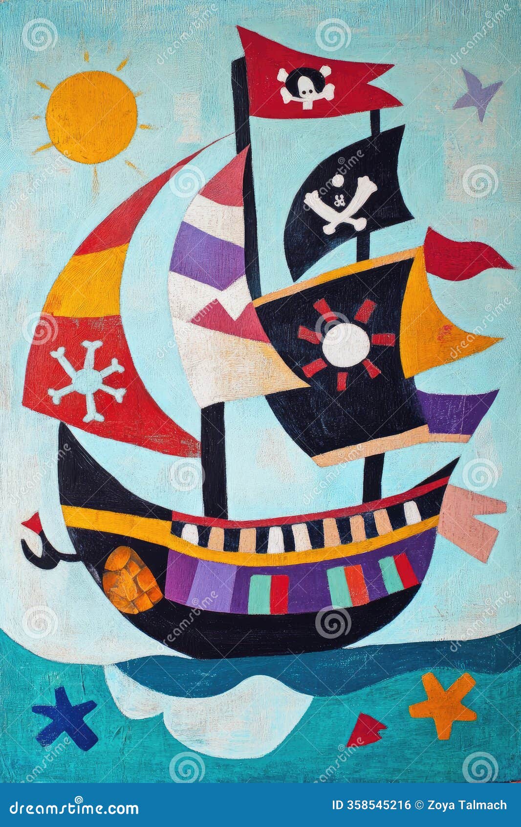 Colorful Pirate Ship Sailing on Blue Waves Under a Bright Sun Stock ...