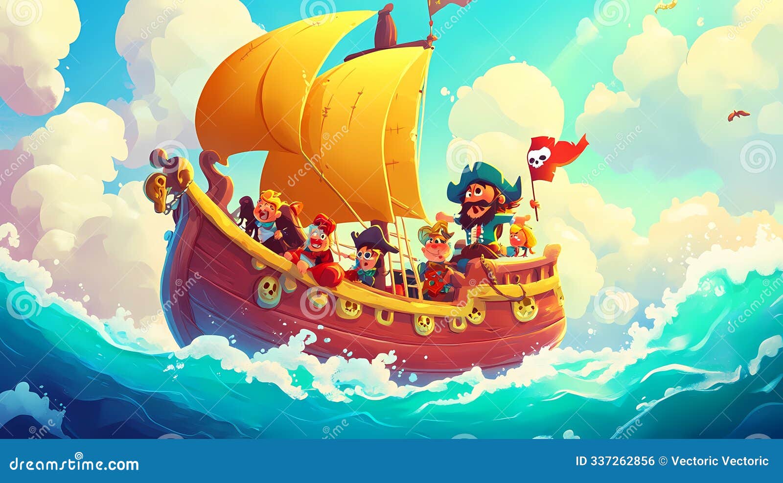 A Colorful Pirate Ship Sailing through Waves with a Crew of Whimsical ...