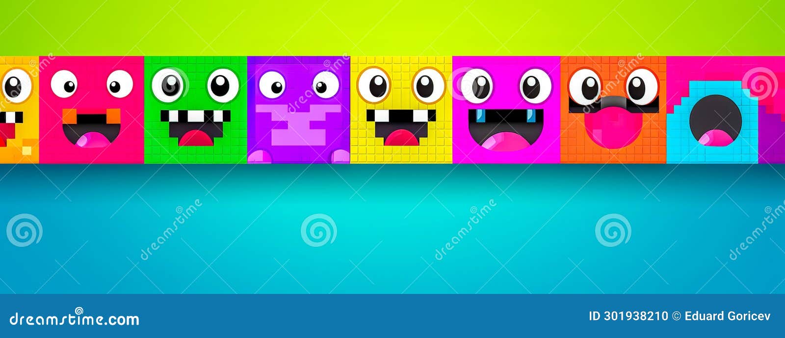 Row of Vibrant, Pixelated Art Blocks with Expressive Faces, Each a ...