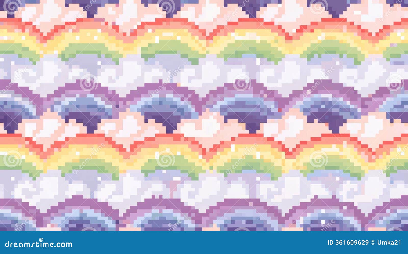 Colorful Pixel Art Rainbow Pattern with Clouds and Waves Stock ...