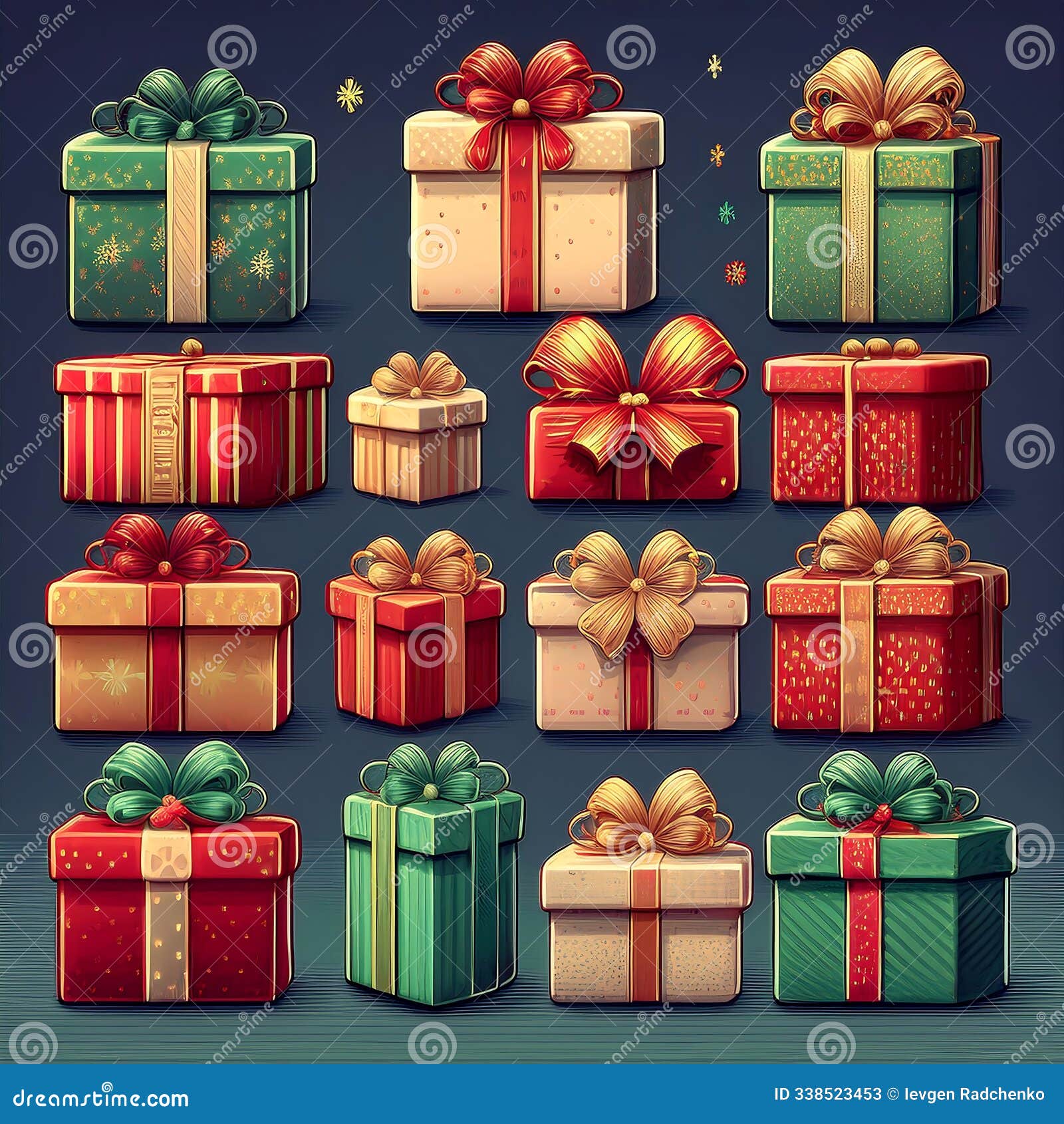 Colorful Pixel Art Representations of Holiday Gift Boxes Featuring Various Sizes, Patterns, and ...