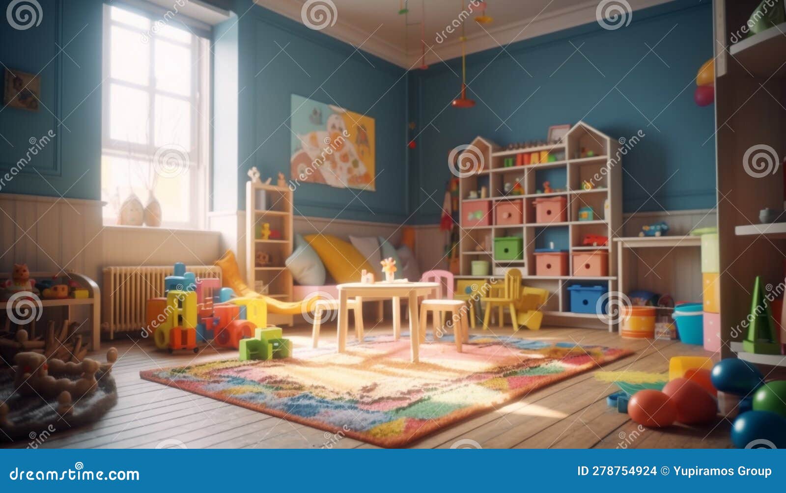 Colorful Playroom with Toys, Books, and Creative Learning Activities ...