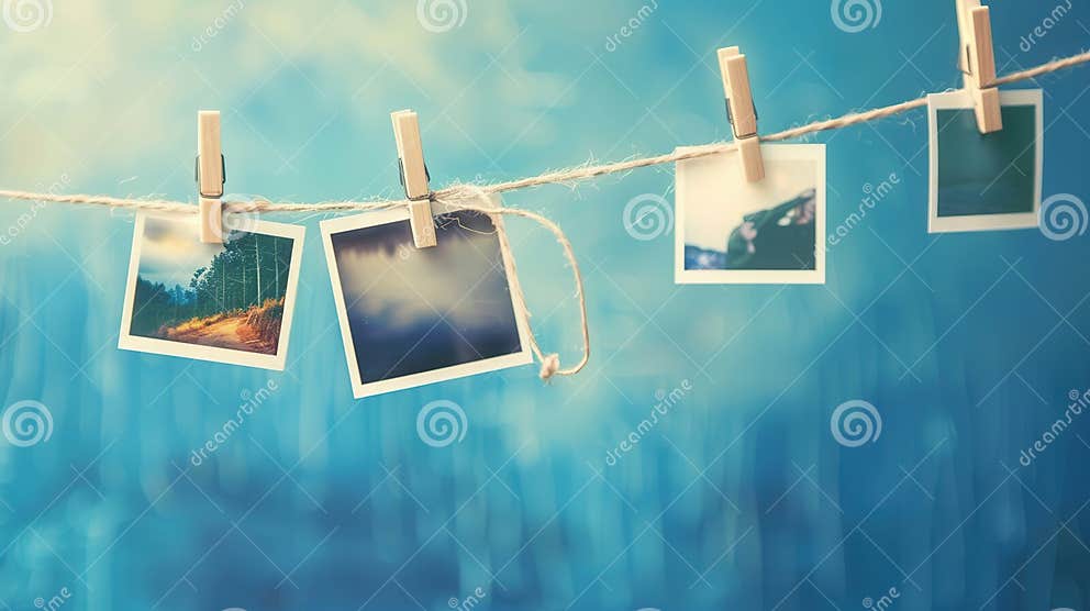 Polaroid Snapshots Displayed on a String with Clothespins Against a ...