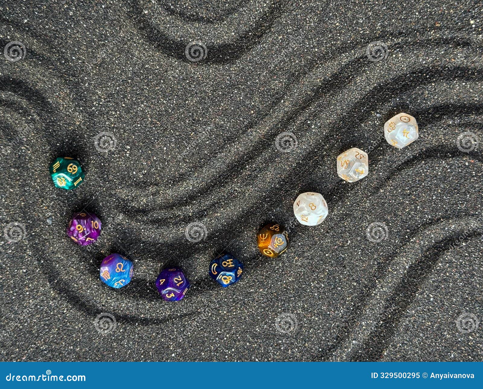 Colorful Polyhedral Dice Arranged in a Curved Line on Textured Black ...