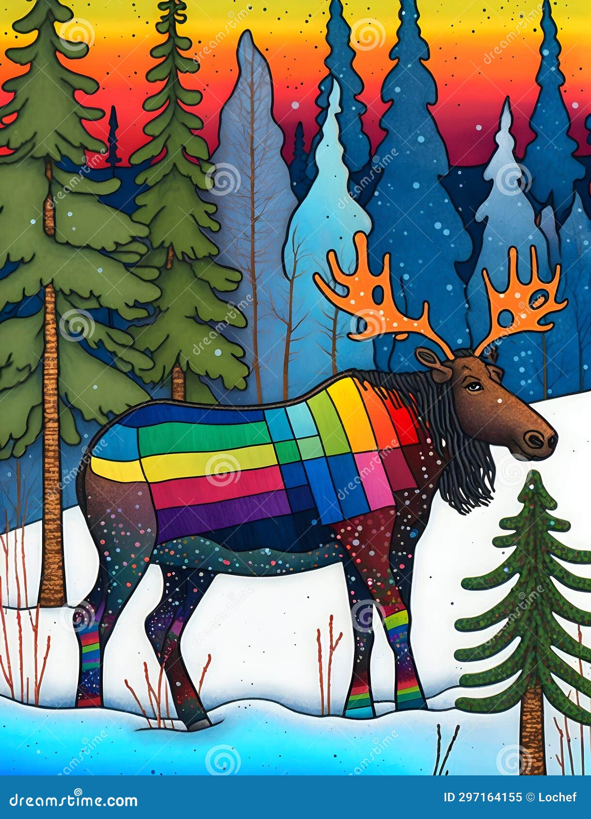 Colorful Pop Art Moose Illustration in a Snowy Forest Stock ...