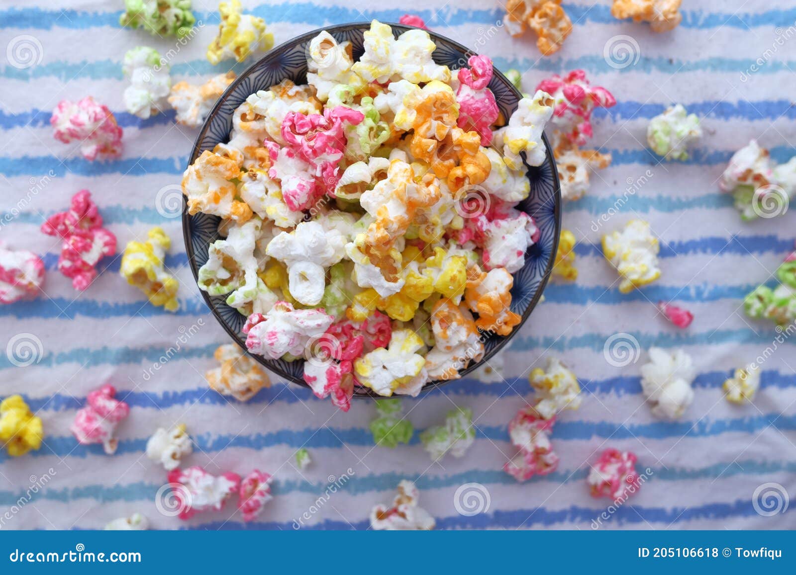 Colorful Popcorn in a Bowl on Table Cloth Stock Photo - Image of bowl ...