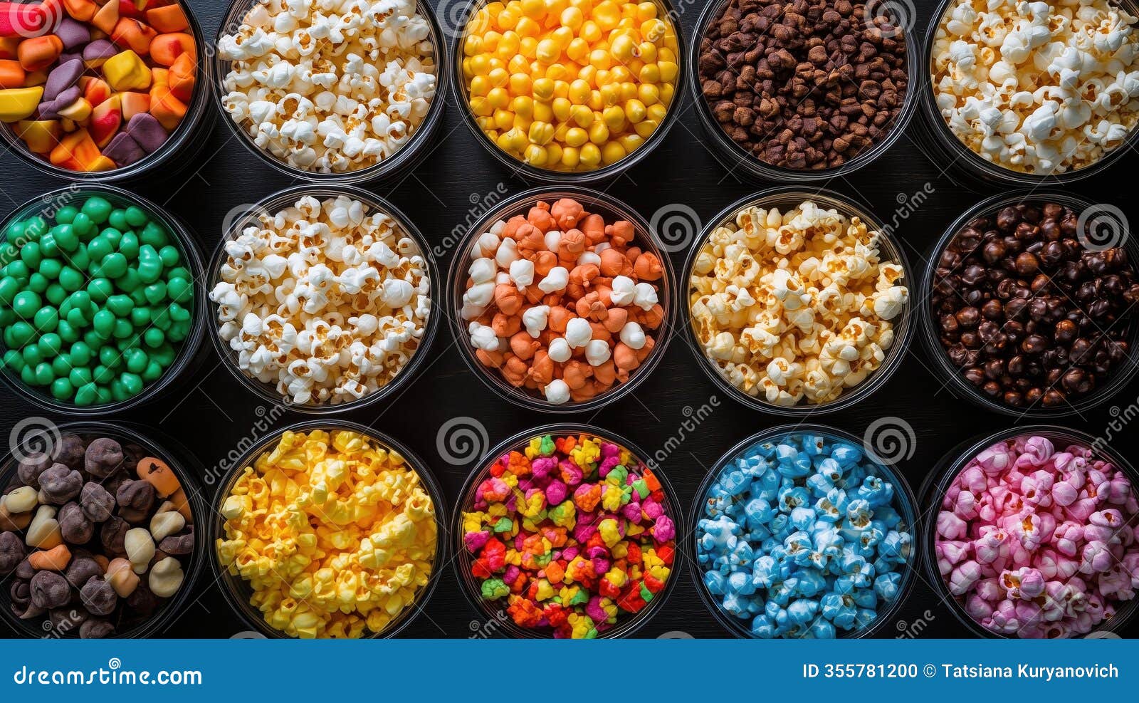 Colorful Popcorn Varieties and Candy in Bowls, Vibrant Display of ...