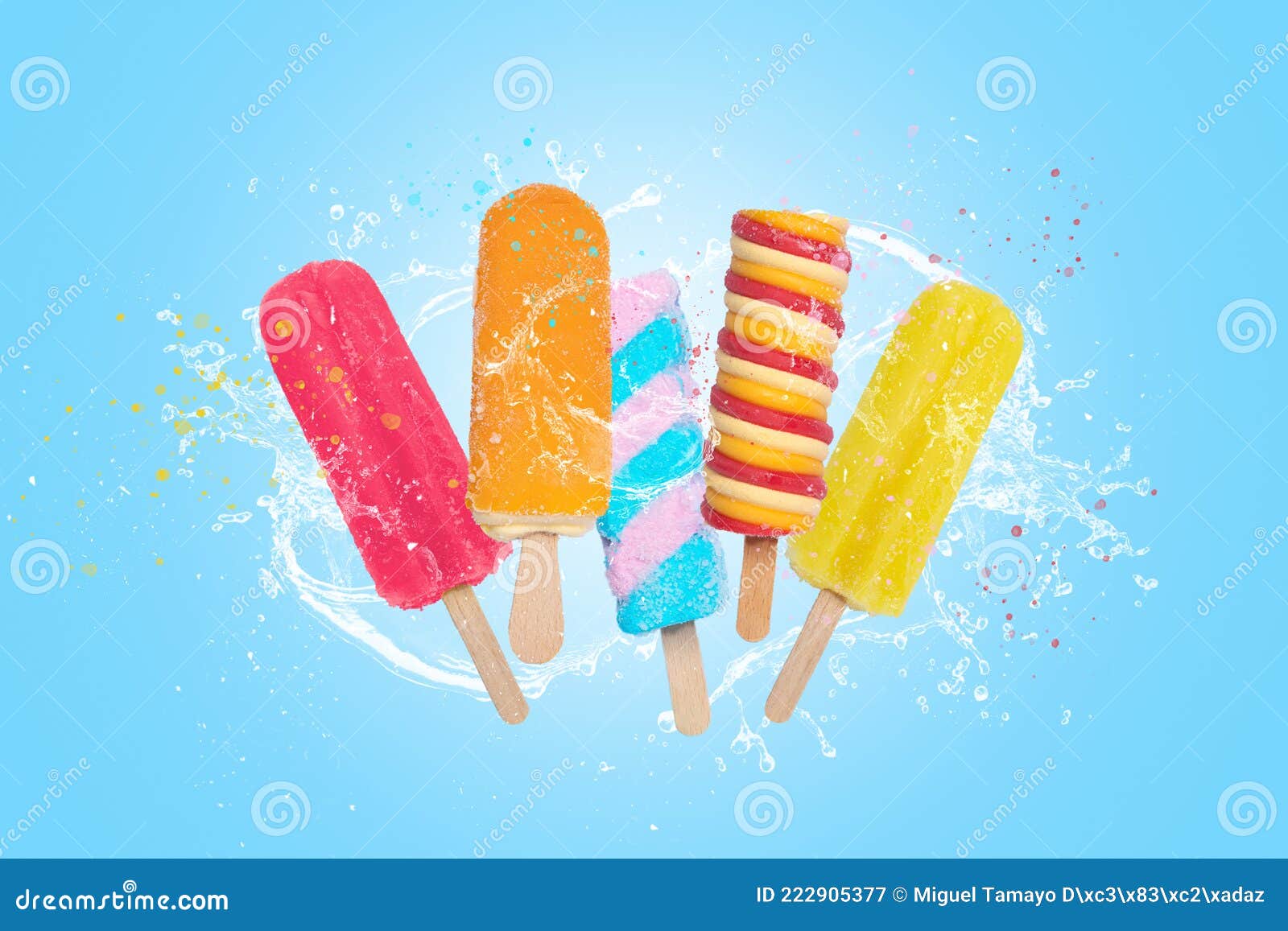 Colorful Popsicles Ice Cream on Blue Background with Splash Stock Image ...